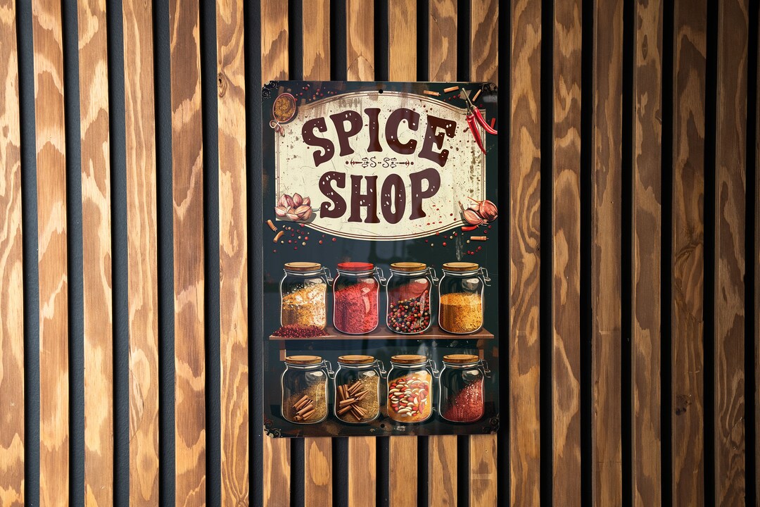 Spice Shop Vintage Metal Sign: Spice Jars, Warm Tones, Culinary Frame ...