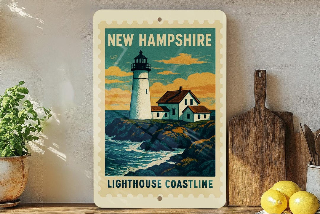 New Hampshire Lighthouse Coastline Metal Sign – Vintage Stamp Style ...