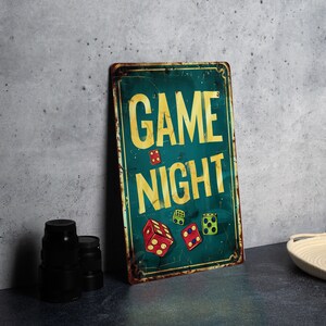 Game Night Vintage Style Metal Sign - Family Game Night, Board Games Decor, Dice Illustration ...