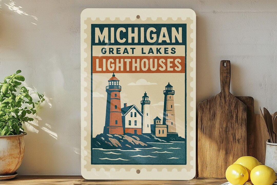 Michigan Great Lakes Lighthouses Metal Sign – Vintage Stamp Style Wall ...