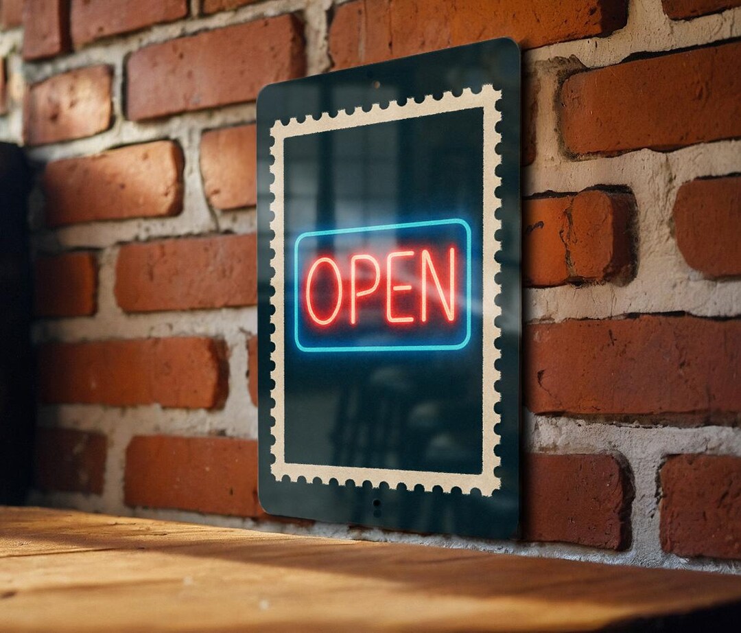 Neon Open Sign Metal Wall Art – Retro Stamp Style Glowing Shop Sign ...