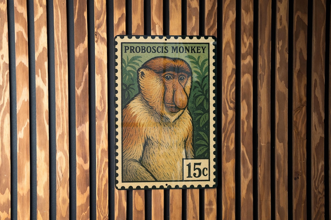 Proboscis Monkey Metal Sign – Vintage Stamp Style Wall Art, Tin Poster ...