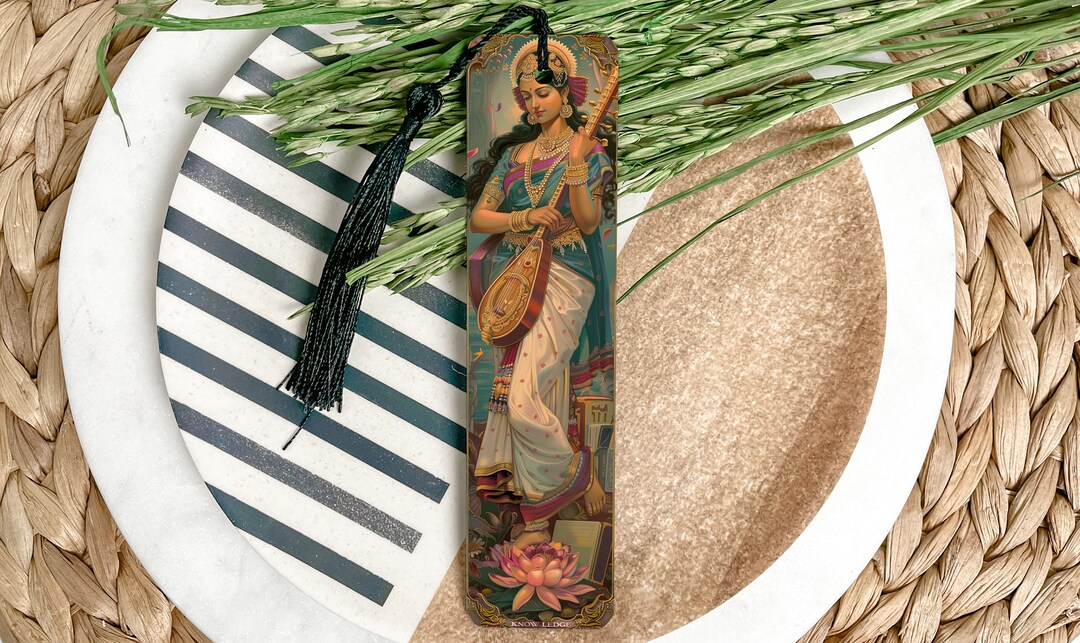Saraswati Goddess Bookmark, Veena Design, Hindu Knowledge Symbol, Metal ...