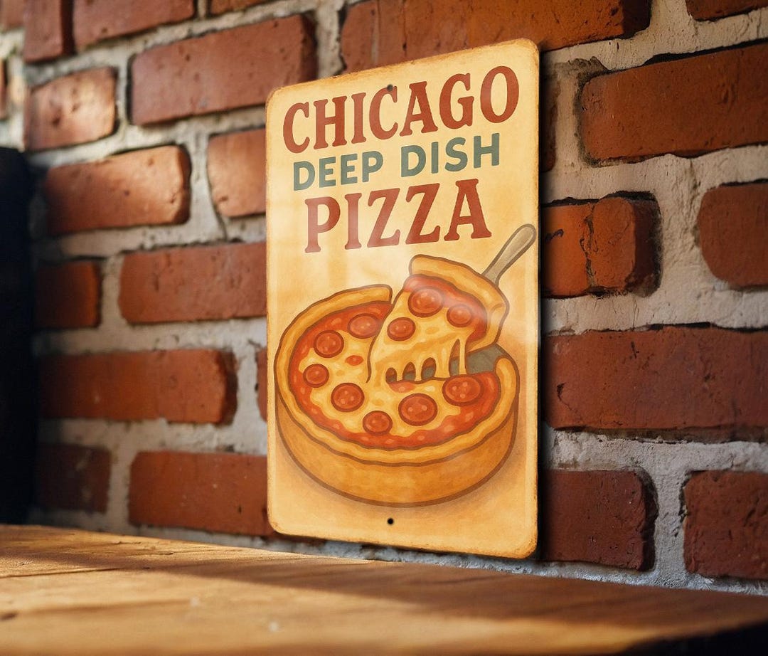 Vintage 1950s Chicago Deep Dish Pizza Tin Sign – Storybook Style Wall ...
