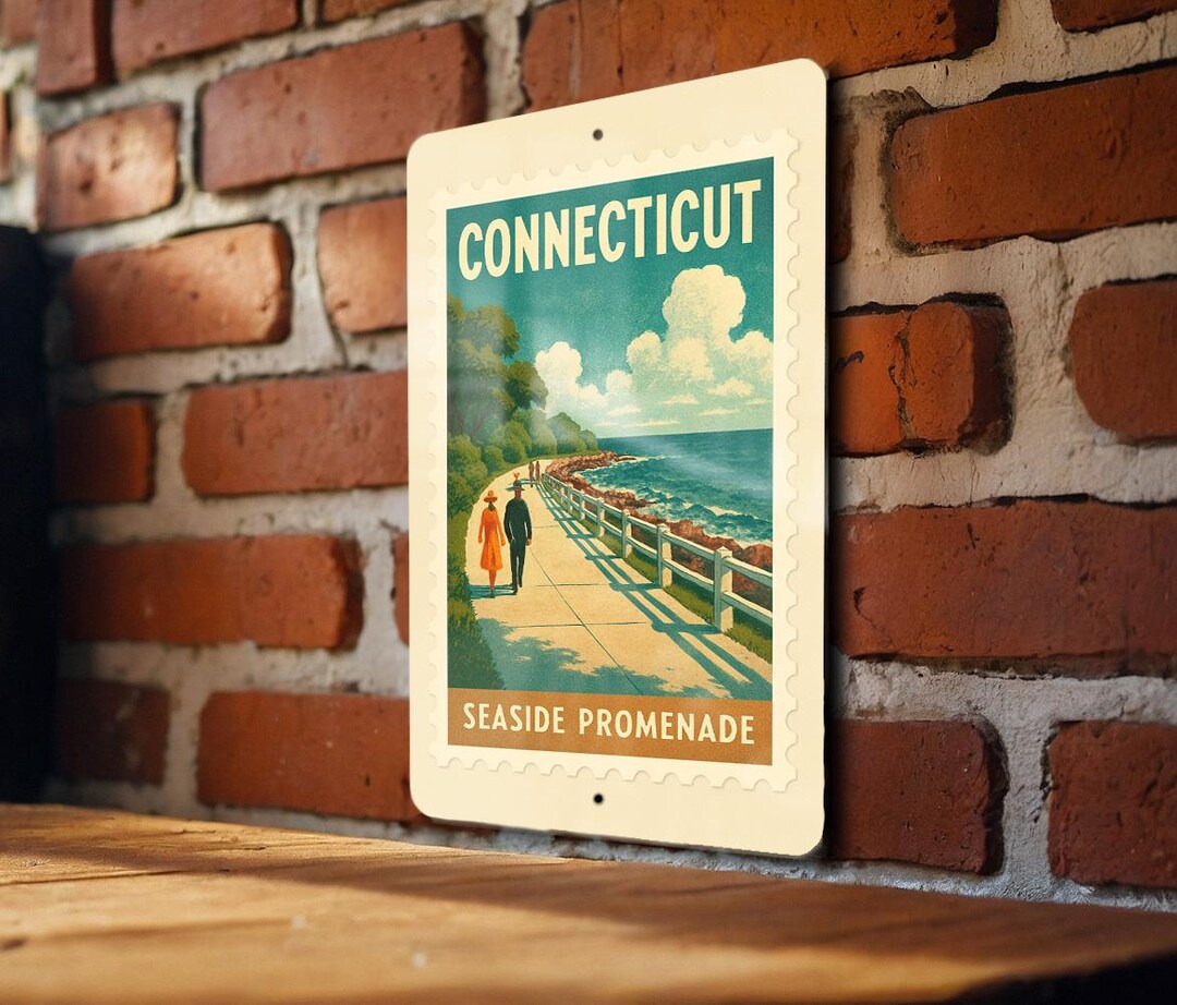 Connecticut Seaside Promenade Metal Sign – Vintage Stamp Style Wall Art ...