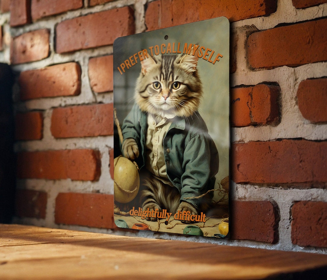 Delightfully Difficult Funny Metal Sign Personality Sign, Playful Quote, Self Love, Cute Cat ...