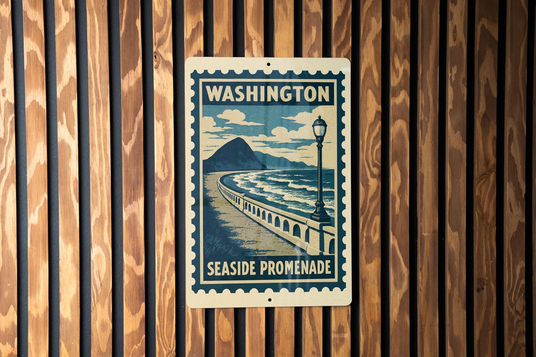 Washington Seaside Promenade Metal Sign – Vintage Stamp Style Wall Art ...