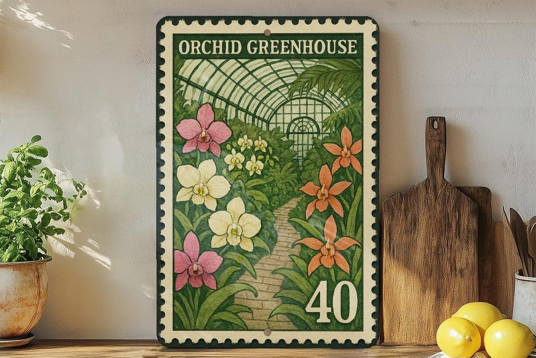 Orchid Greenhouse Metal Sign – Vintage Botanical Stamp Style Wall Art ...