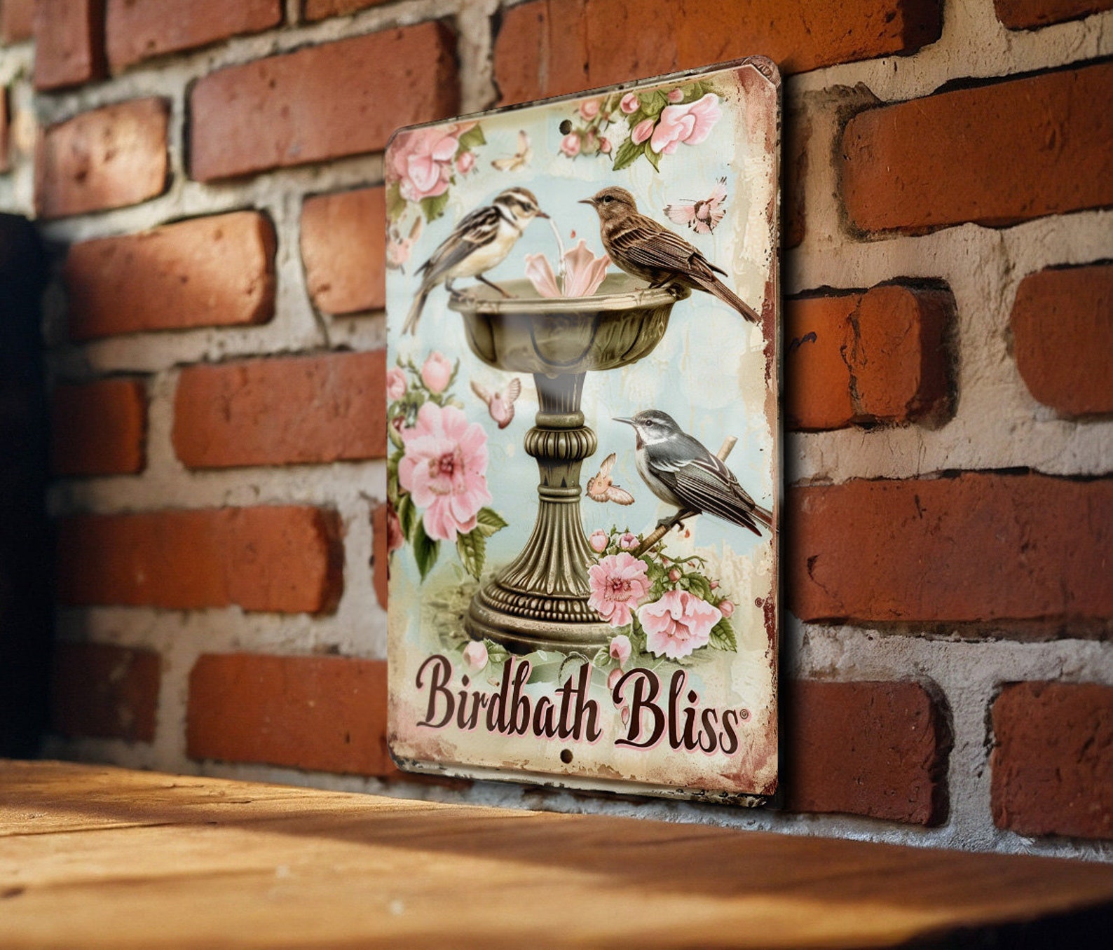 Birdbath Bliss Vintage Metal Sign, Elegant Script Font, Playful Birds ...