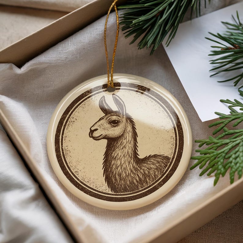Llama Ceramic Ornament – Round Stamp Style Animal Art, Rustic Boho ...