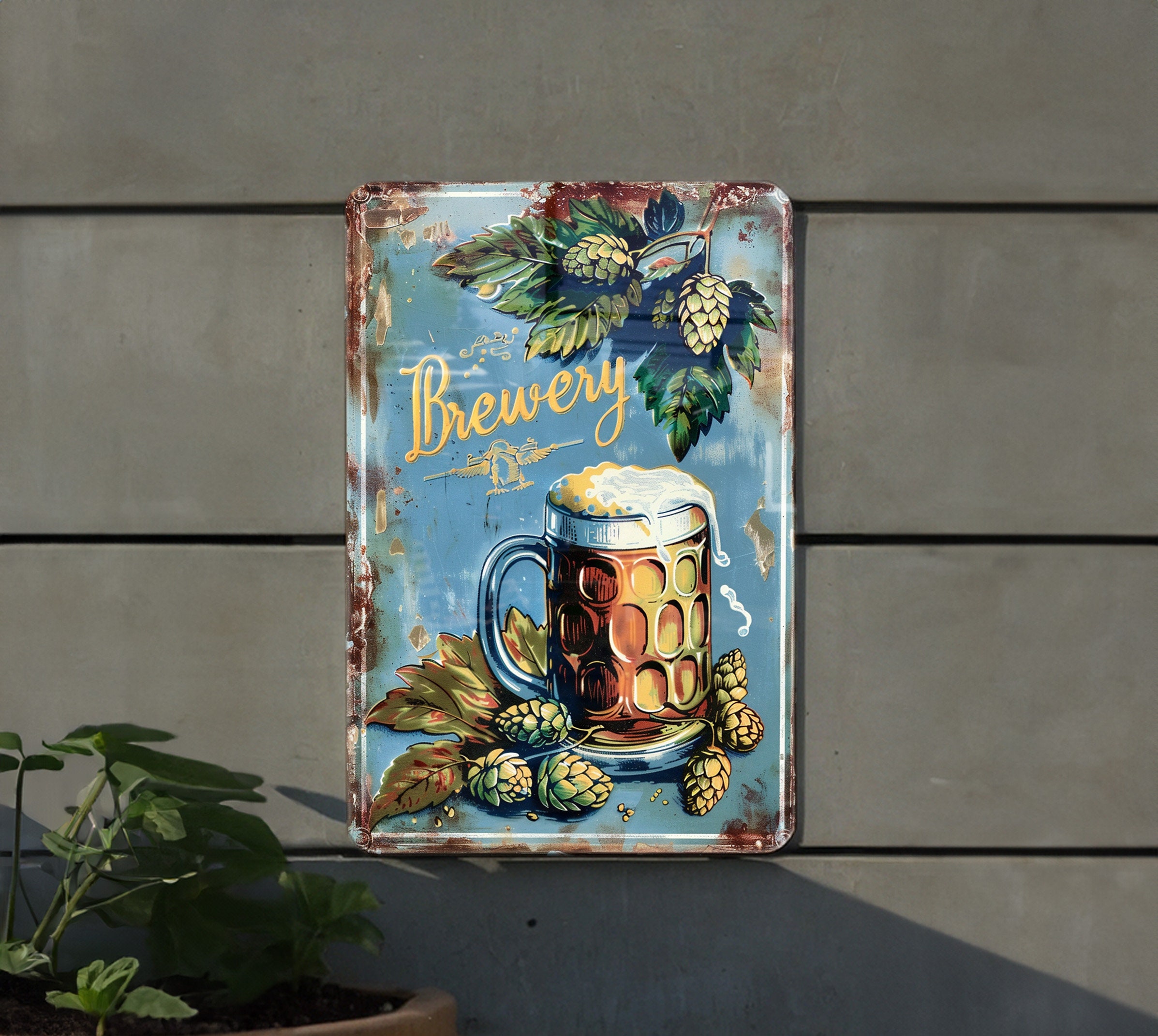 Vintage Brewery Metal Sign, Old-fashioned Beer Stein, Cool Blue Tones ...