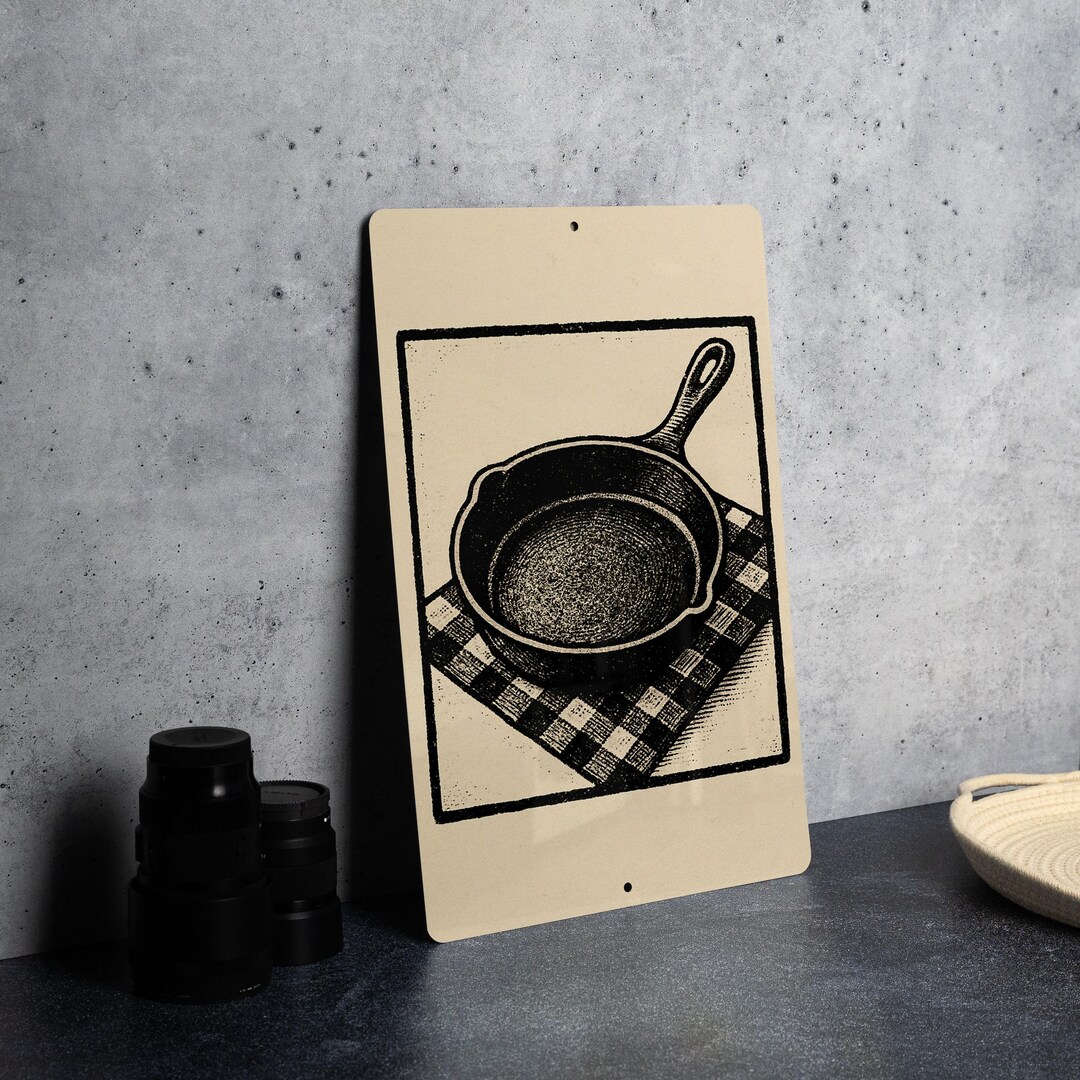 Cast Iron Skillet Metal Sign – Vintage Stamp Art on Checker Cloth Décor ...