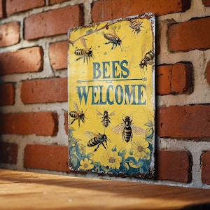Vintage Style Metal Sign, Bees Welcome, Garden Decor, Rustic Home ...