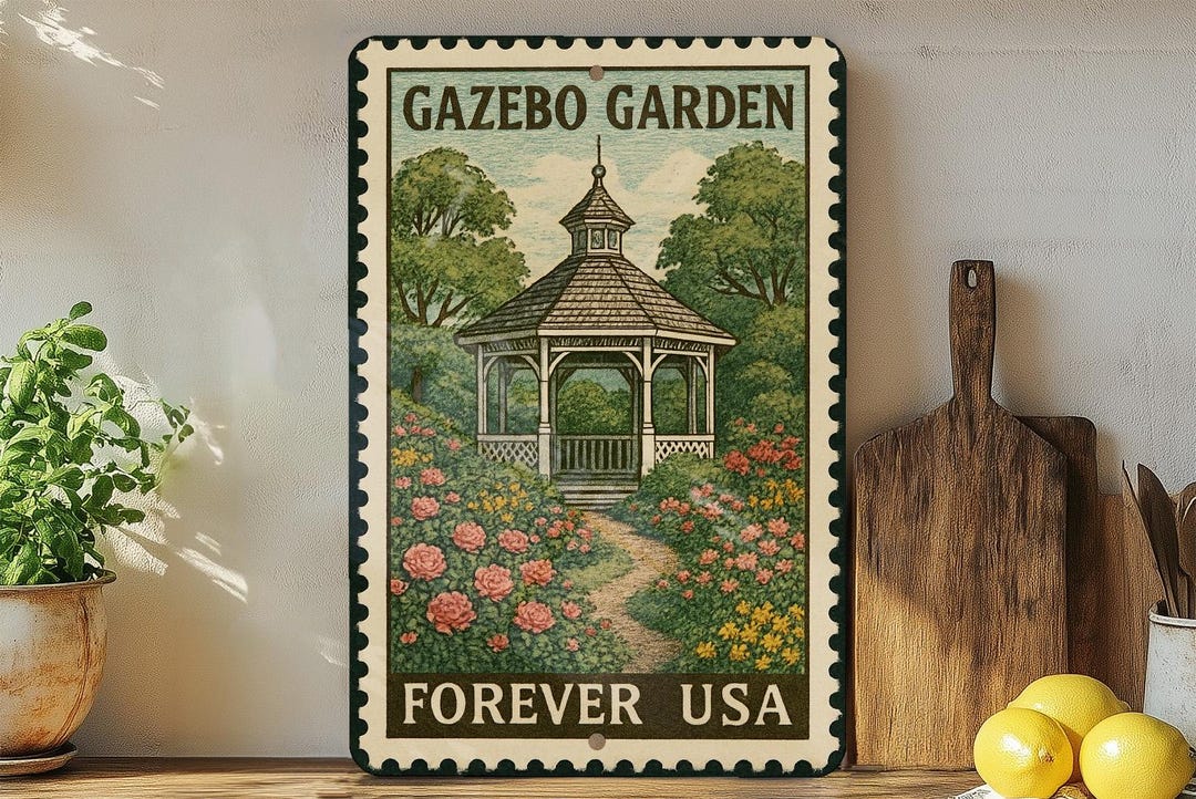Gazebo Garden Metal Sign – Vintage Stamp Style Outdoor Decor, Rustic ...