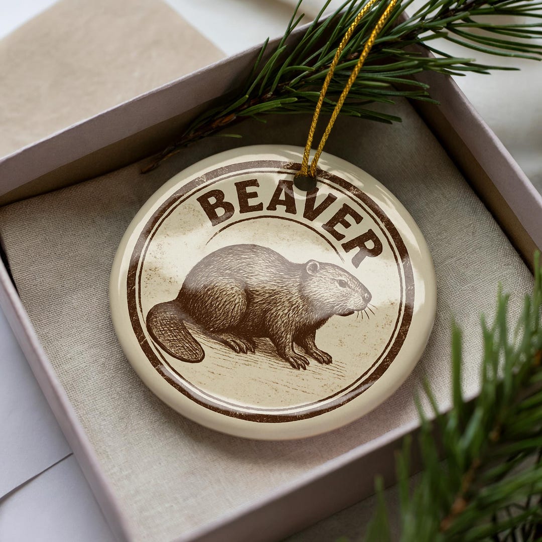 Beaver Ceramic Ornament – Rustic Circular Stamp Style Animal Art ...