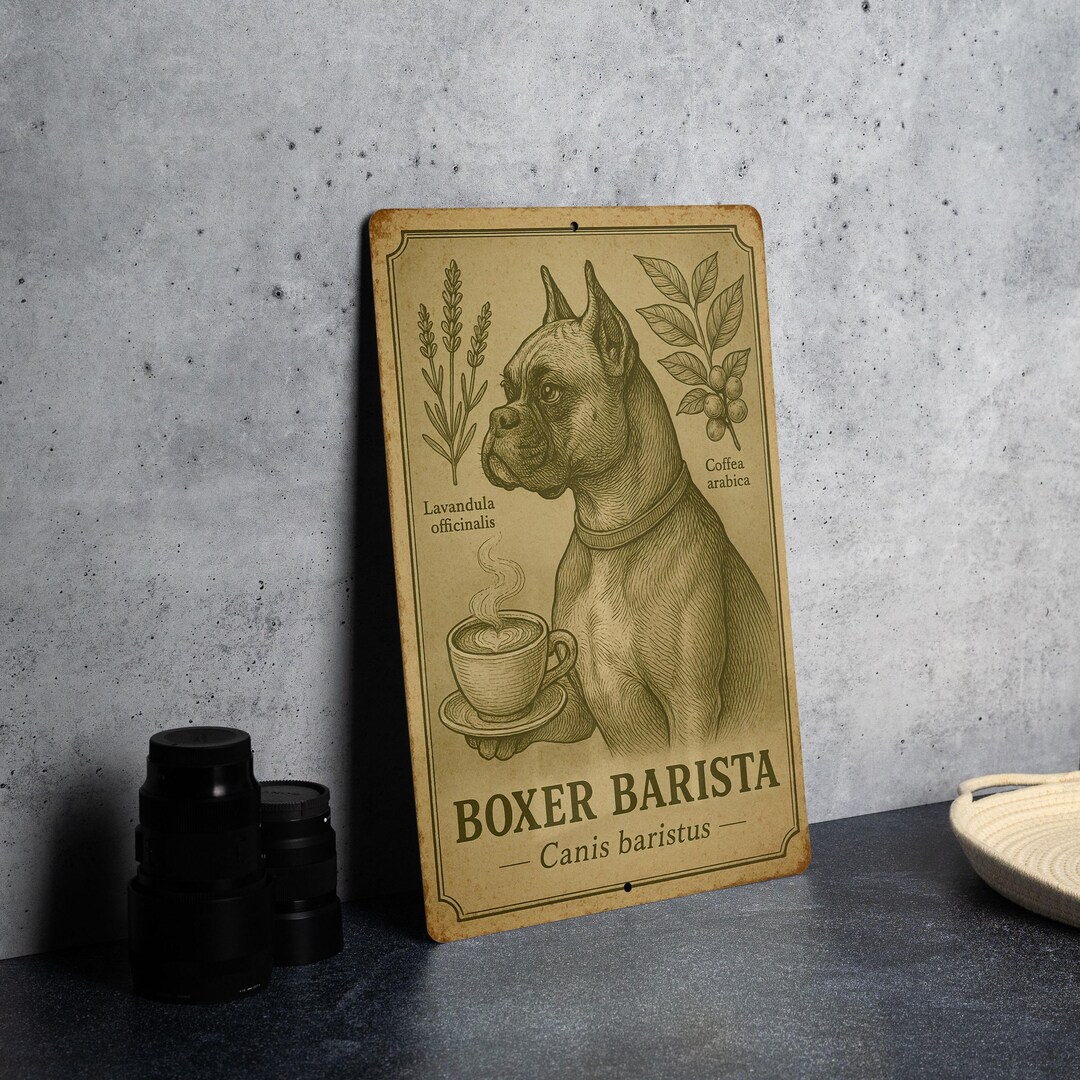 Vintage Boxer Barista Tin Sign – Botanical Coffee Art, Aged Metal Wall ...