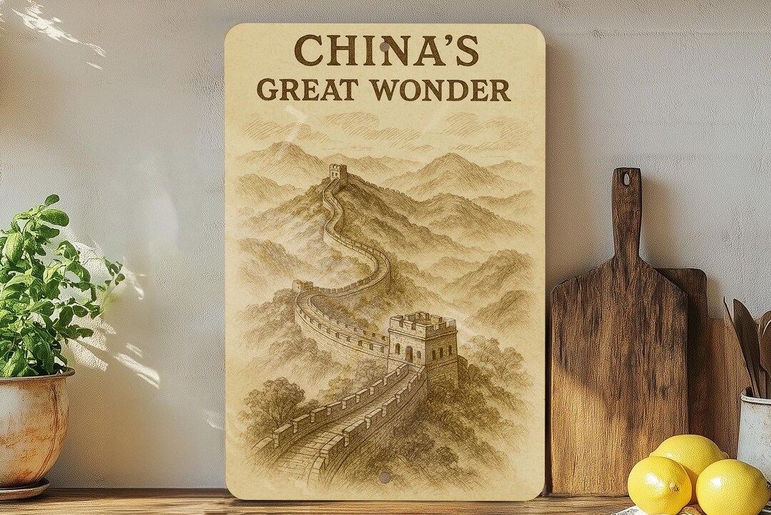 Vintage Sepia Great Wall of China Metal Sign – Vertical Ink Sketch Art ...
