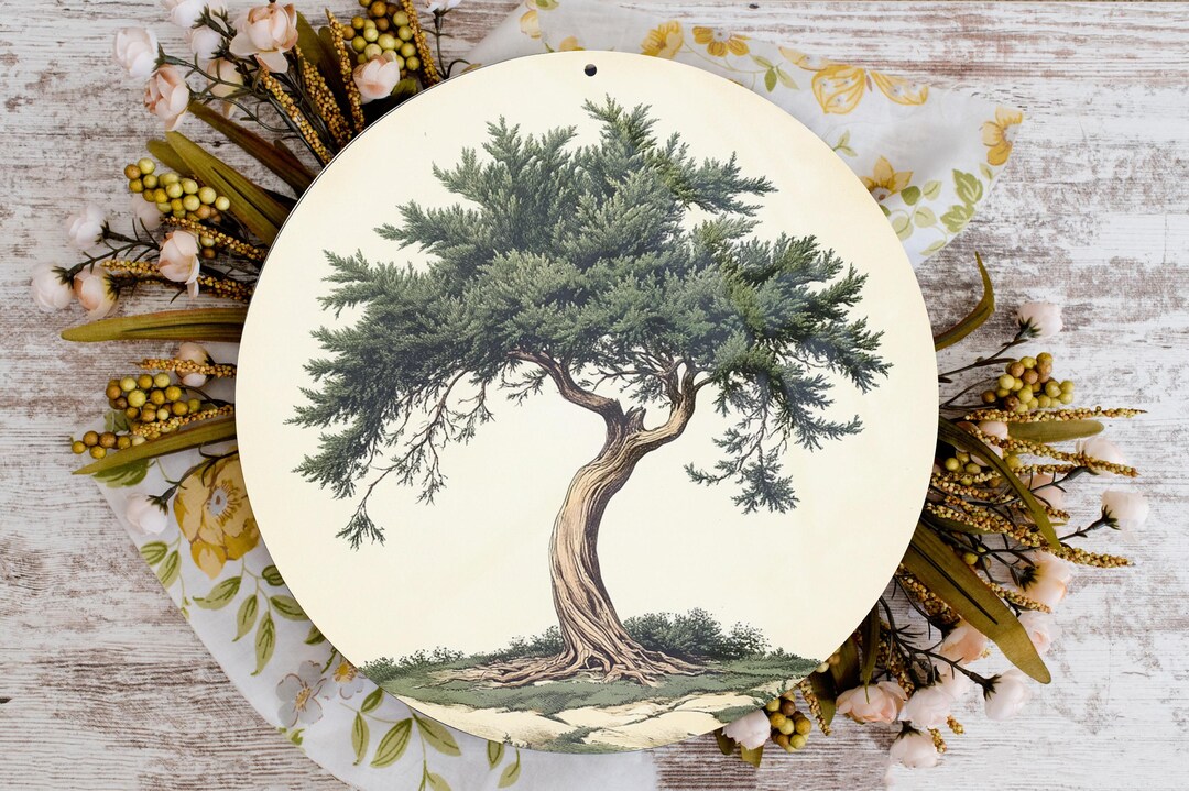 Graceful Evergreen Embrace Round Metal Sign, Nature Wall Art, Lone Tree ...