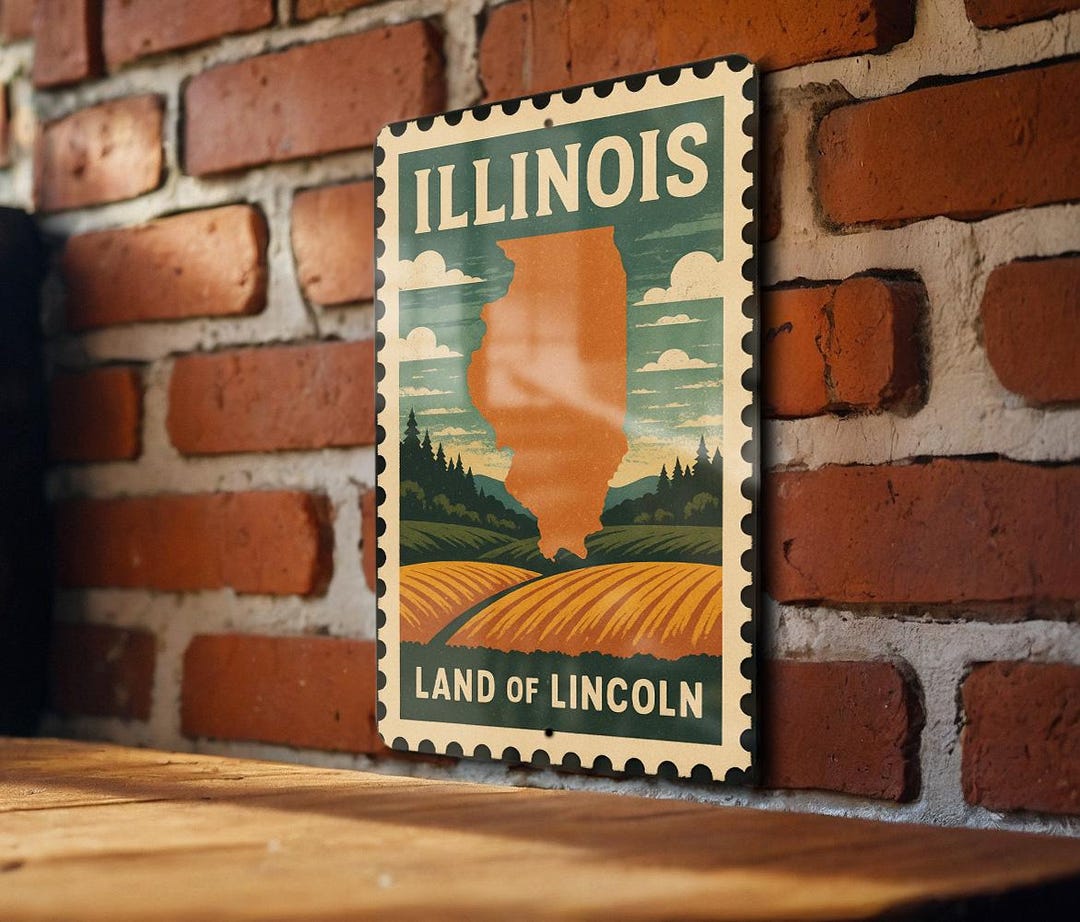 Illinois State Stamp Metal Sign – Vintage Travel Decor, Rustic Wall Art ...