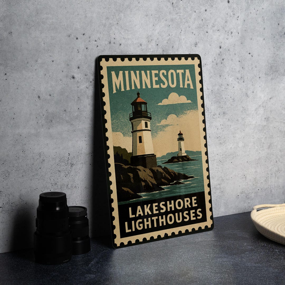 Minnesota Lakeshore Lighthouses Metal Sign – Vintage Stamp Style Wall ...
