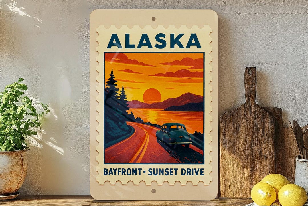 Alaska Bayfront Sunset Drive Metal Sign – Vintage Stamp Style Wall Art ...