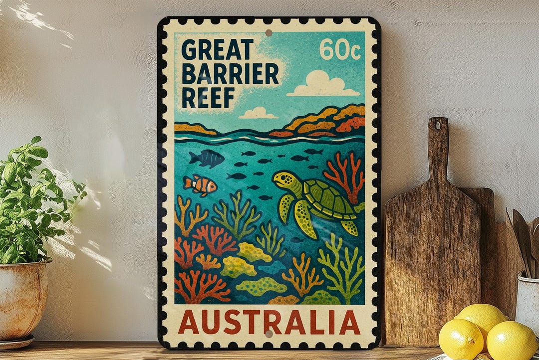 Great Barrier Reef Australia Metal Sign – Vintage Stamp Style Wall Art ...