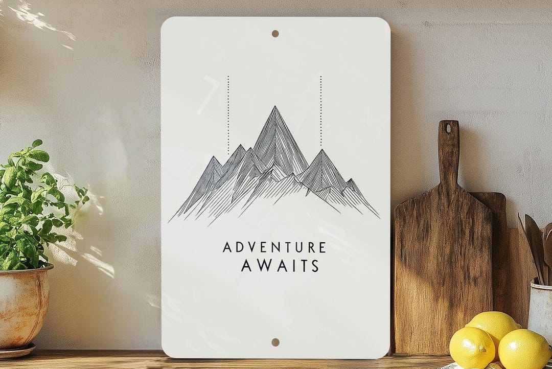 Mountain Line Art Metal Sign, Adventure Awaits, Minimalist Decor, Wall ...