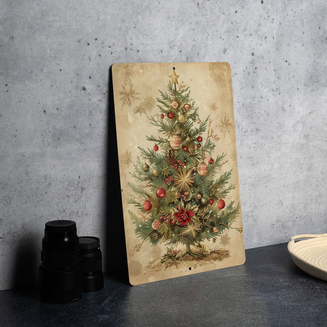 Retro Christmas Tree Metal Sign, Vintage Hues, Hand-drawn Ornaments ...