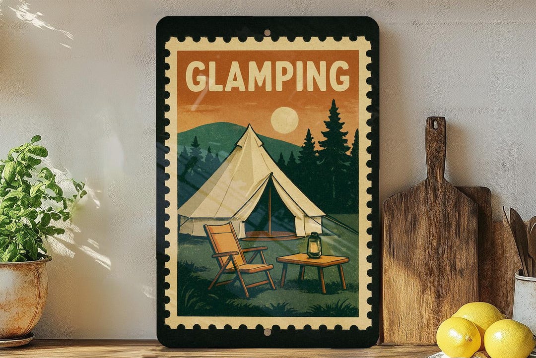 Glamping Stamp Style Metal Sign – Rustic Camping Decor, Vintage Trailer ...