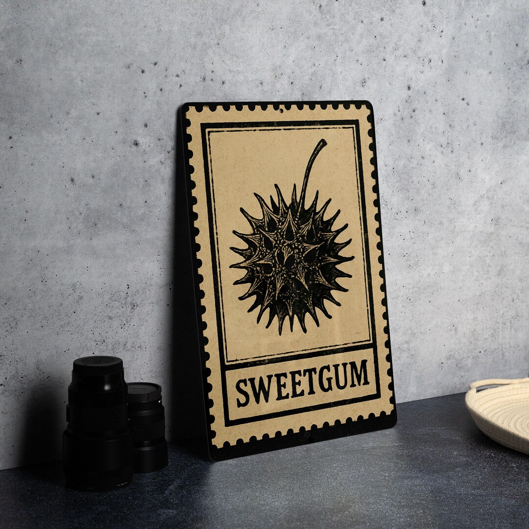 Sweetgum Spiky Ball Metal Sign – Vintage Botanical Stamp Style Wall Art ...