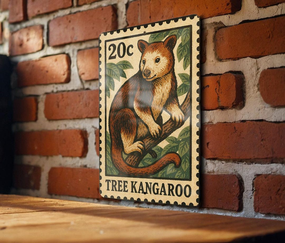 Tree Kangaroo Metal Sign Vertical | Vintage Stamp Style Wall Art for ...