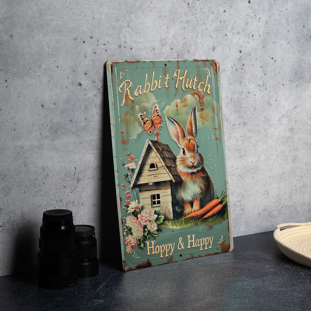 Rabbit Hutch Metal Sign, Vintage Rabbit Decor, Happy Bunny Art, Garden ...