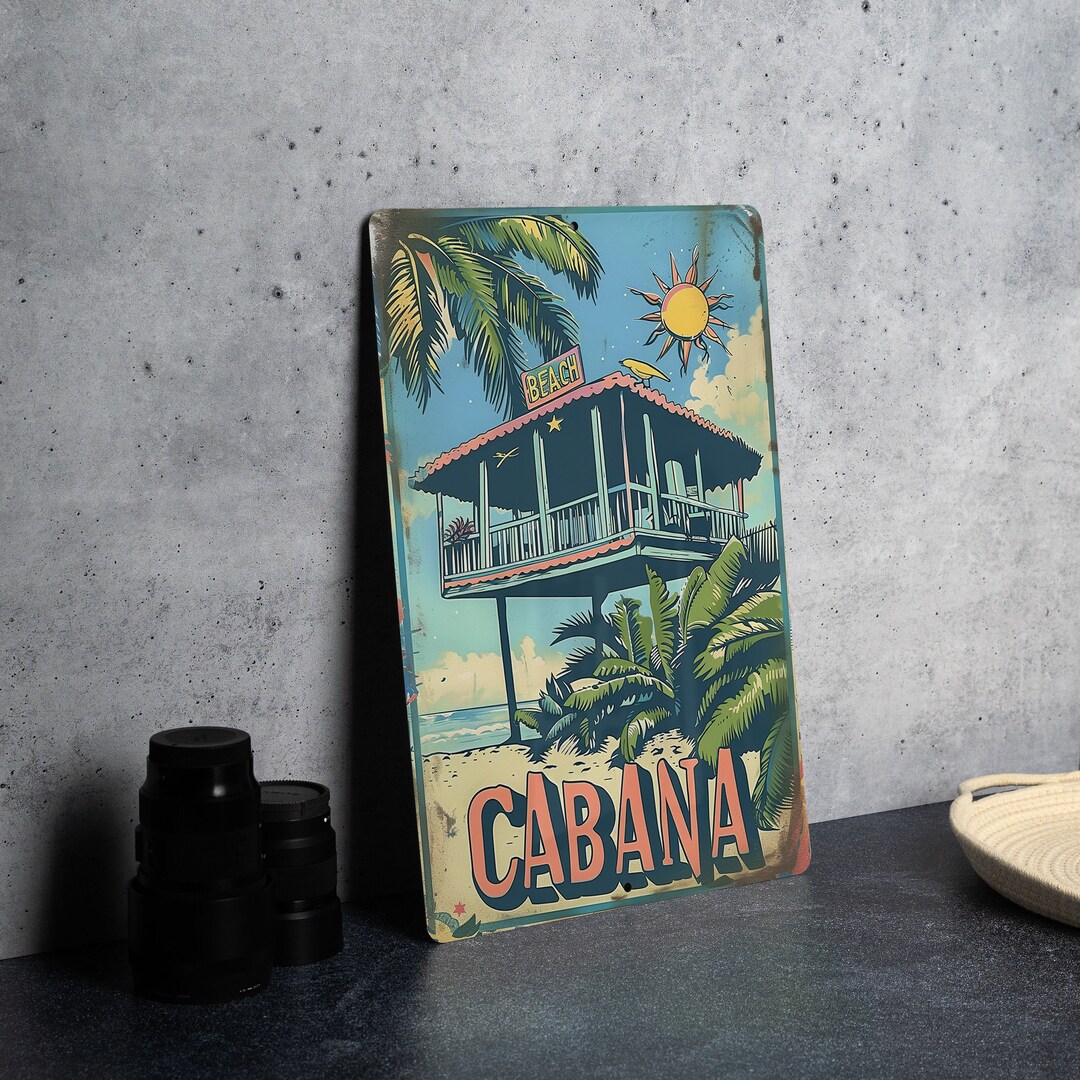 Beach Cabana Metal Sign, Cabana Sun Illustration, Tropical Colors ...