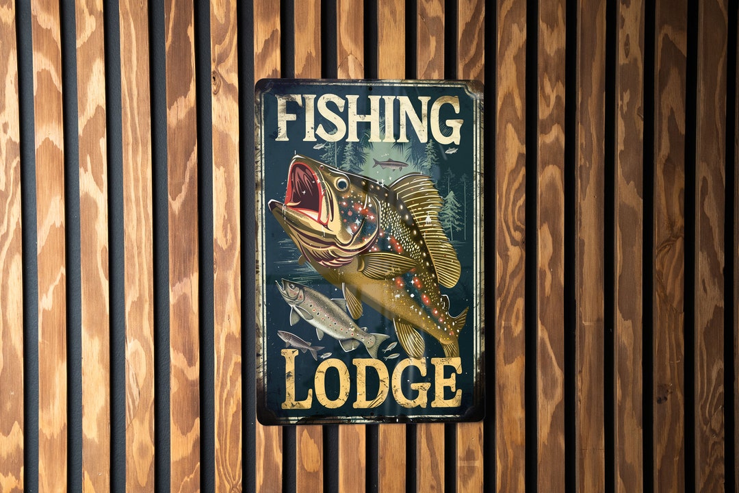 Vintage Fishing Lodge Metal Sign, Fish Illustration, Earthy Colors ...