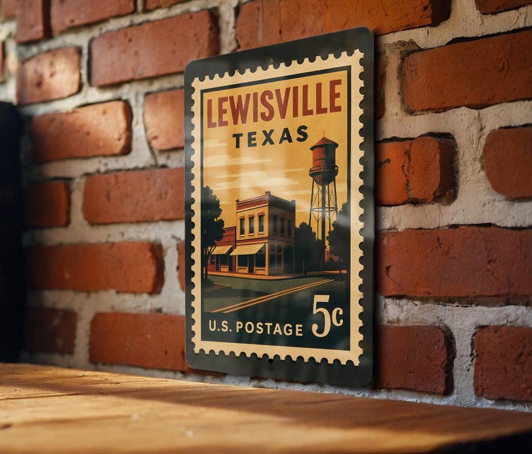 Lewisville Texas Metal Sign Featuring Retro Postage Stamp Design With ...