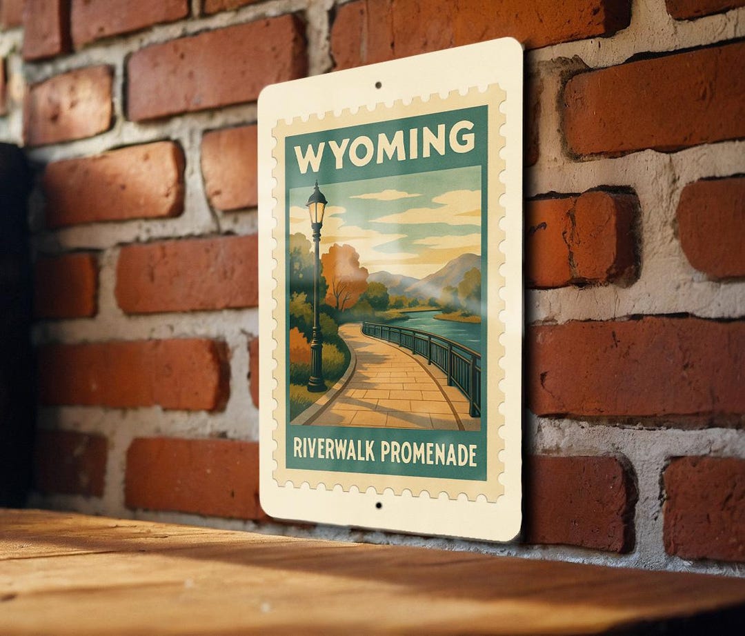 Wyoming Riverwalk Promenade Metal Sign – Vintage Stamp Style Wall Art ...