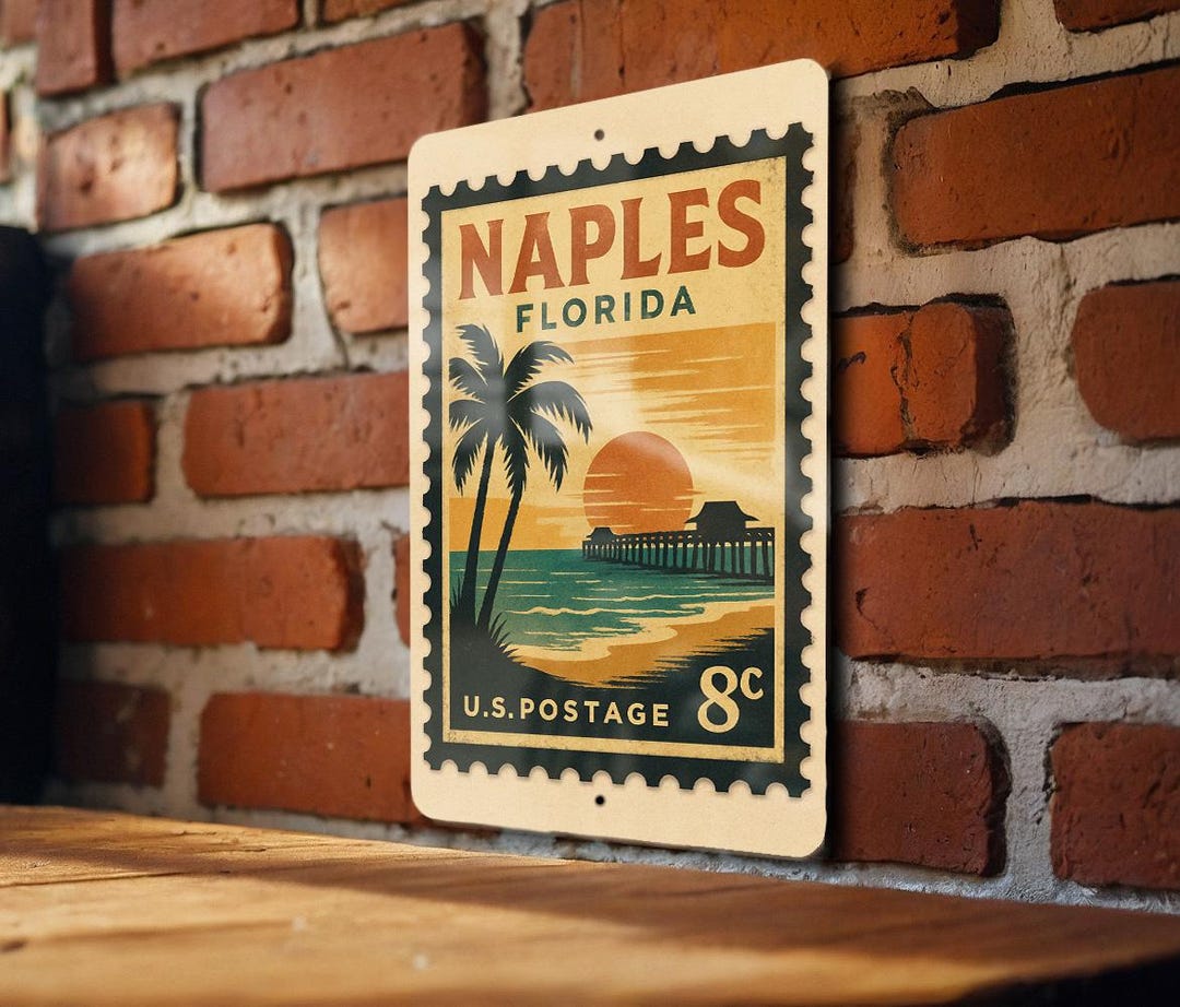 Naples Florida Metal Sign – Retro Postage Stamp Design Featuring Gulf ...