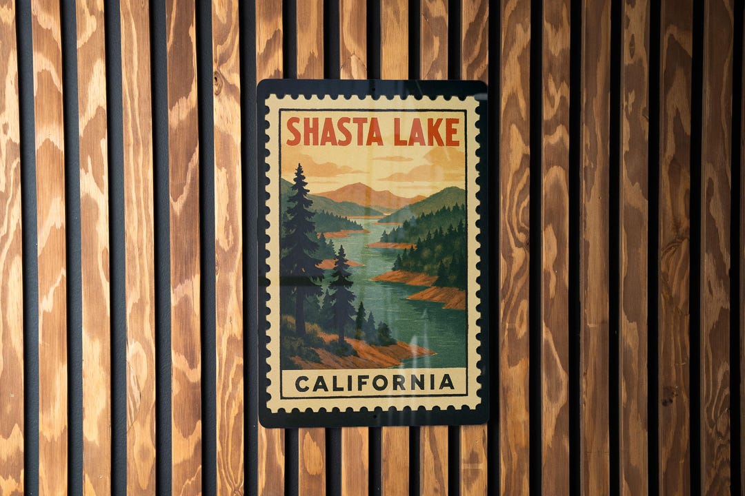 Shasta Lake California Metal Sign – Retro Postage Stamp Design ...