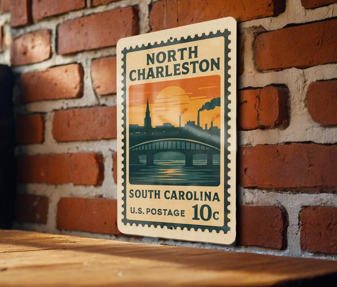 North Charleston South Carolina Postage Stamp Design Metal Sign – Retro ...