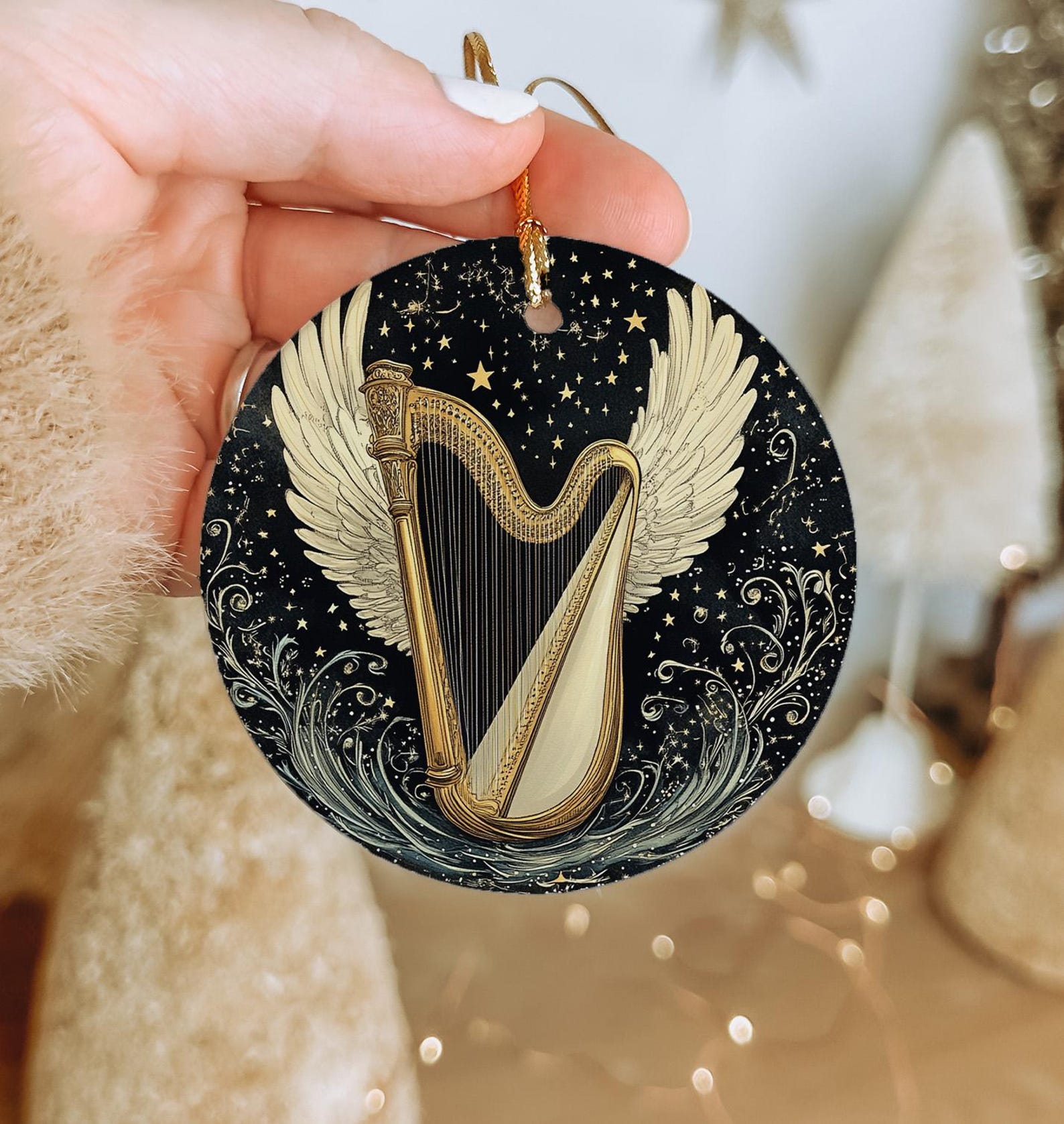Angelic Harp Wings Ceramic Ornament, Starry Design, Circular Home Decor ...