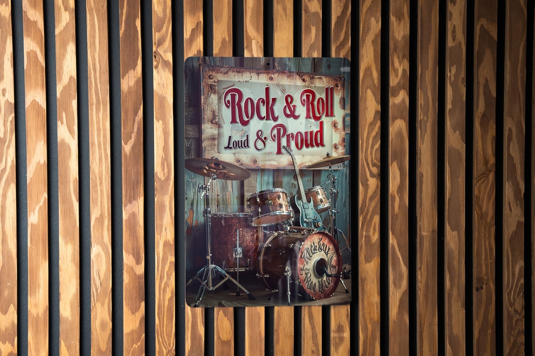 Rock & Roll Metal Sign, Electric Guitar, Drum Decor, Vintage Style ...