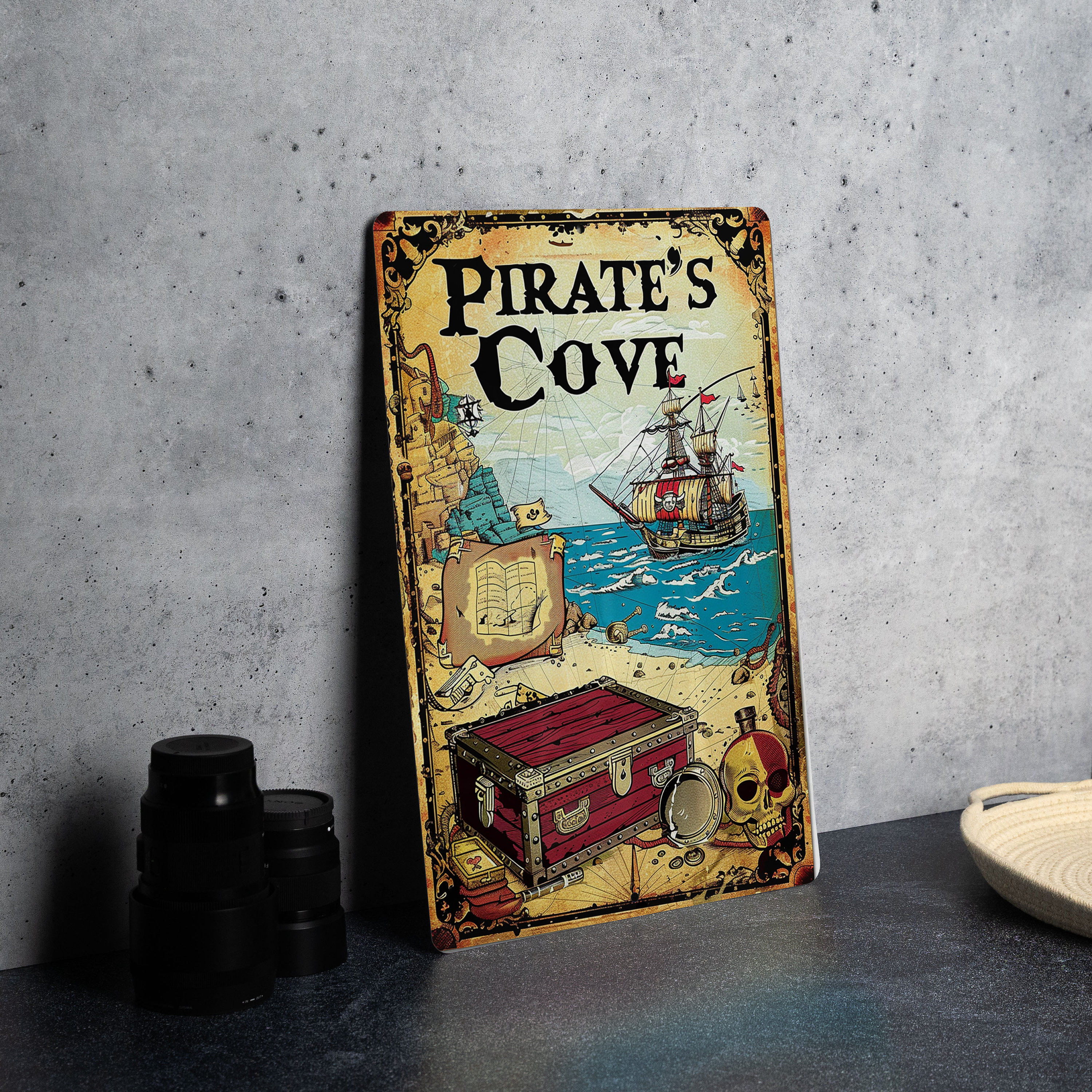 Pirate's Cove Vintage Metal Sign: Treasure Chest, Nautical Colors ...