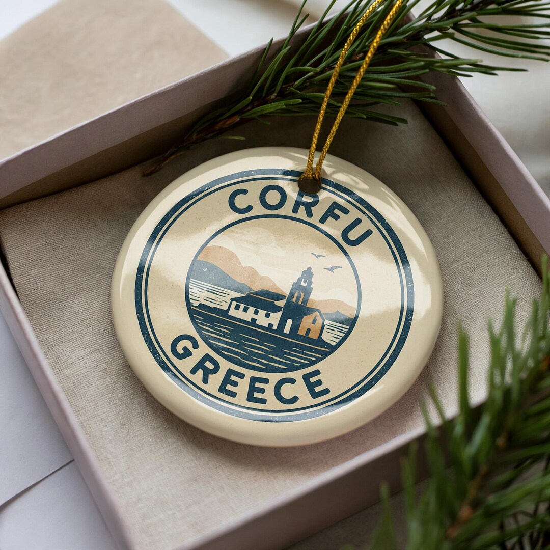 Corfu Greece Ceramic Ornament – Circular Stamp Style Travel Souvenir ...