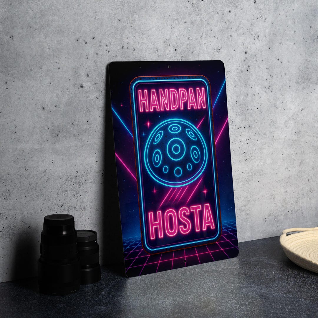 1980s Neon Handpan Hosta Metal Sign – Retro Cosmic Wall Art, Electric ...