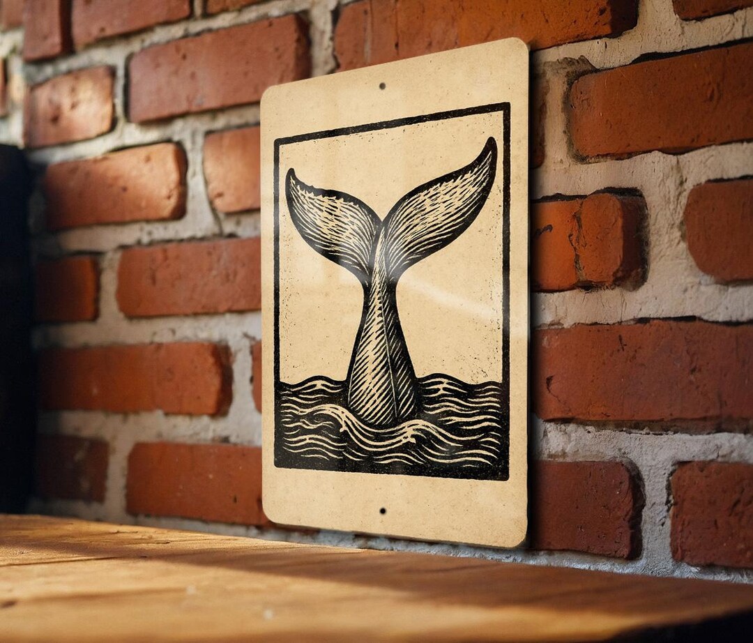 Scrimshaw Whale Tail Metal Sign – Nautical Stamp Style Wall Art, Rustic ...