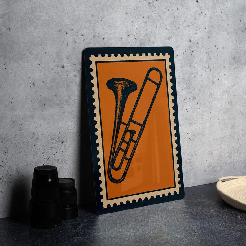 Trombone Metal Wall Art Sign – Vintage Stamp Style Music Decor for Band ...