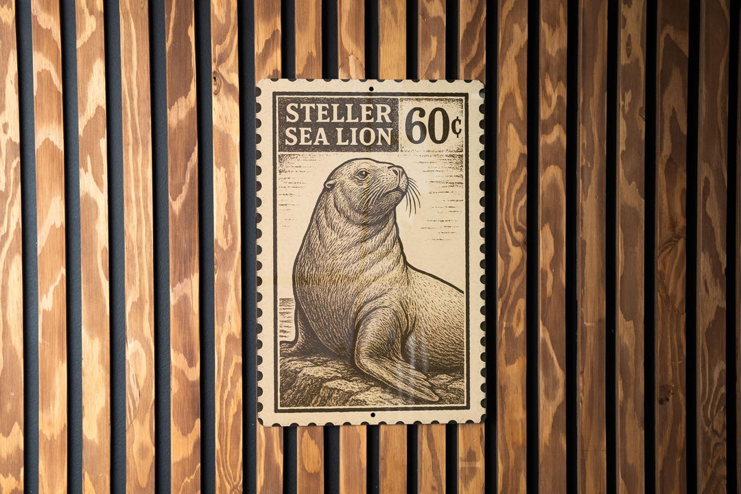 Steller Sea Lion Metal Sign | Vintage Stamp Style Wall Art for Cabin ...