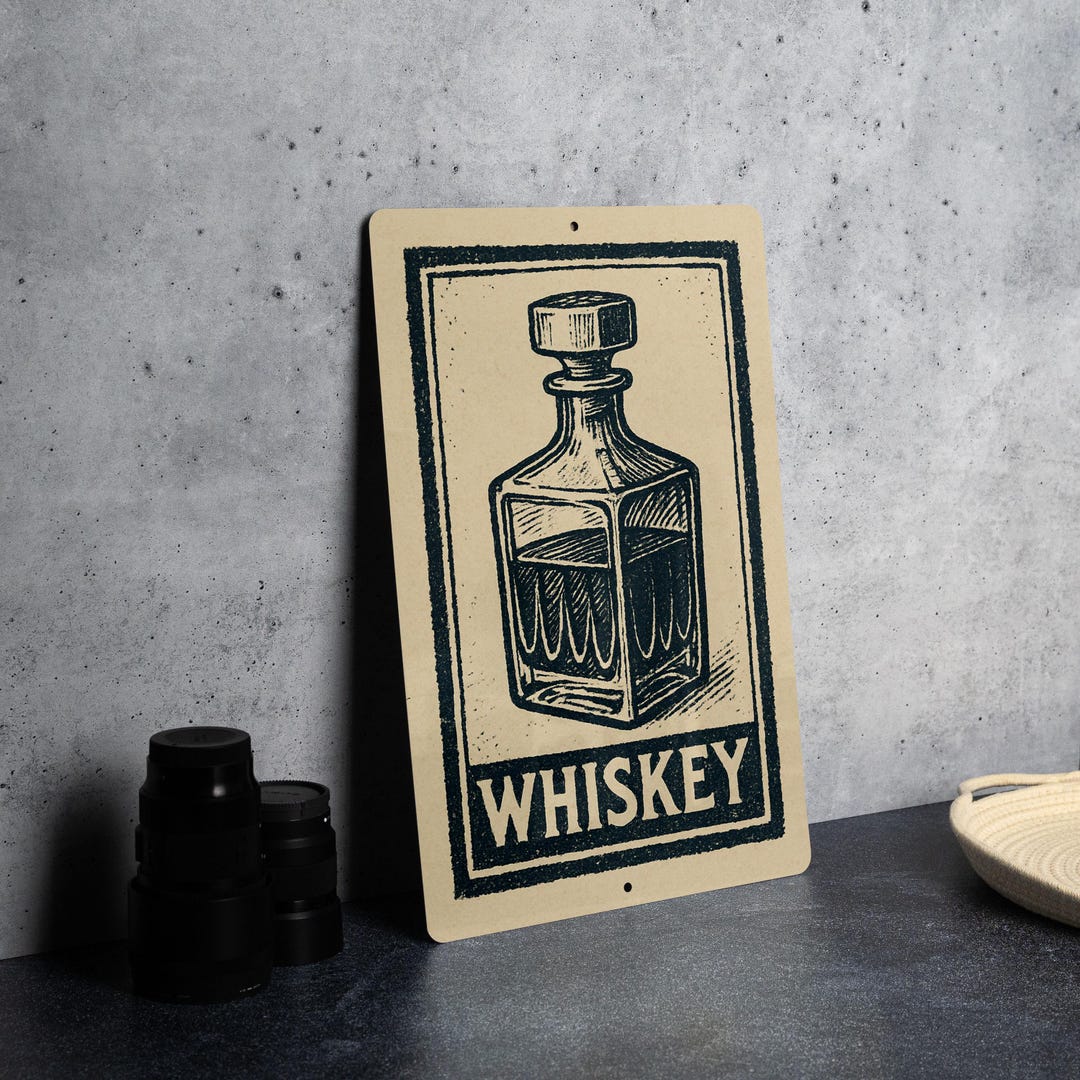 Whiskey Decanter Metal Sign – Vintage Stamp Style Bar Wall Art, Rustic ...