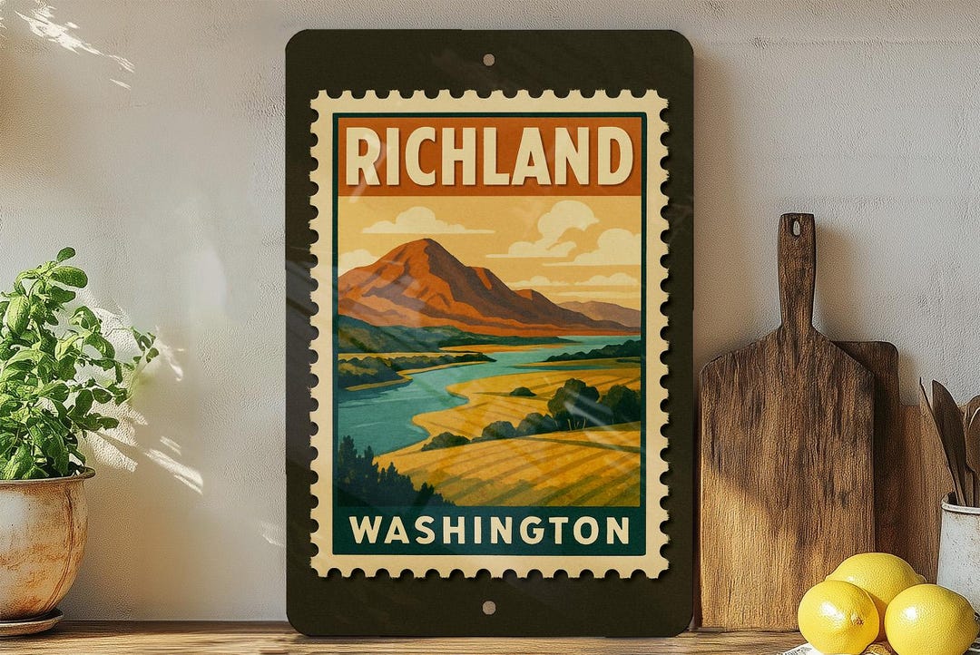 Richland Washington Metal Sign – Retro Postage Stamp Design Featuring ...