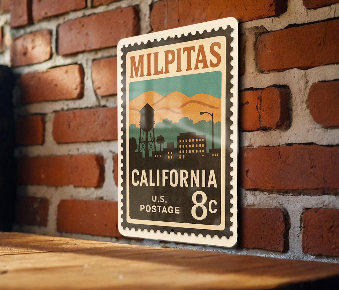 Milpitas California Metal Sign Featuring Retro Postage Stamp Design ...